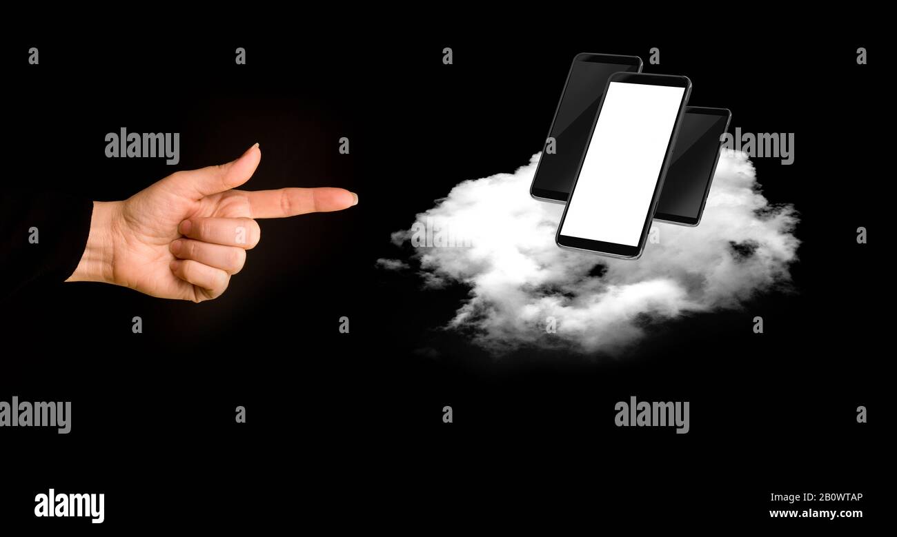 concept - of cell phone floating in the clouds with white screen on ...
