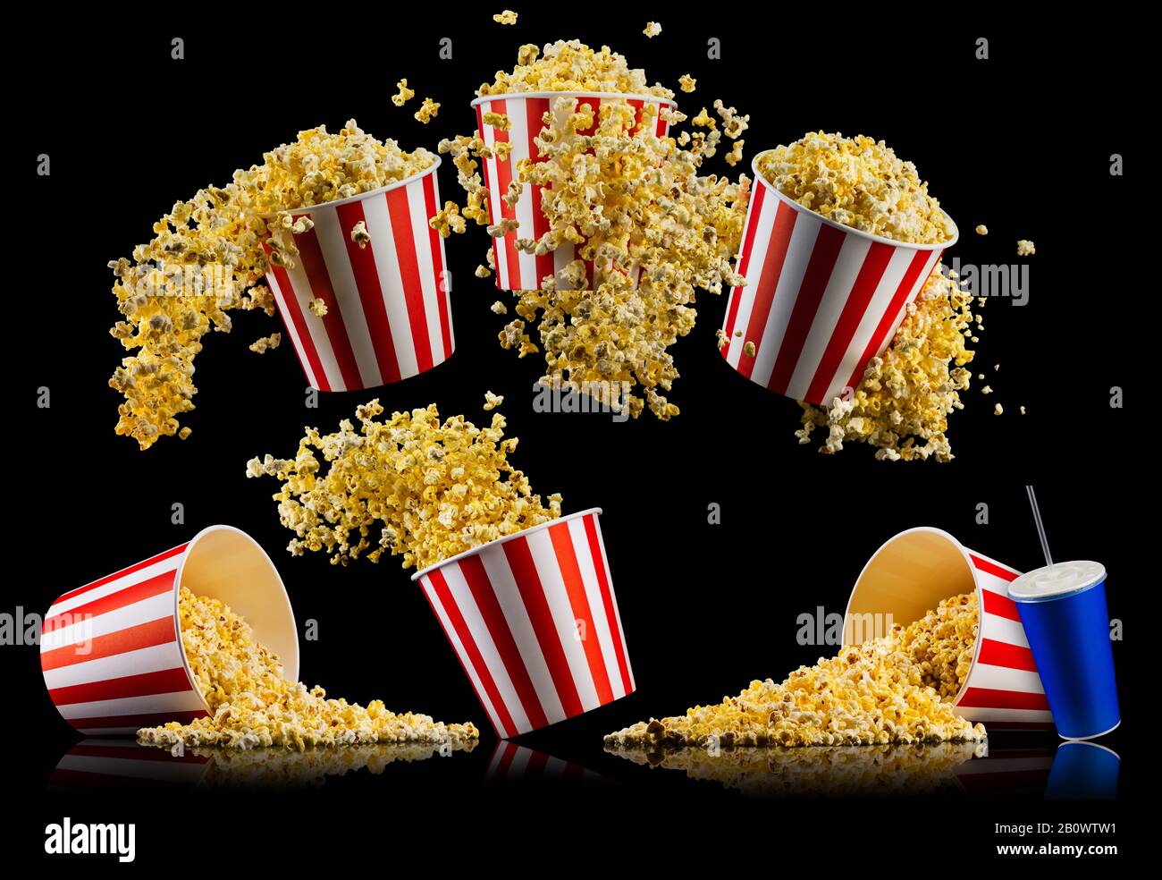 Set of paper striped buckets with popcorn and cups of soft drink ...
