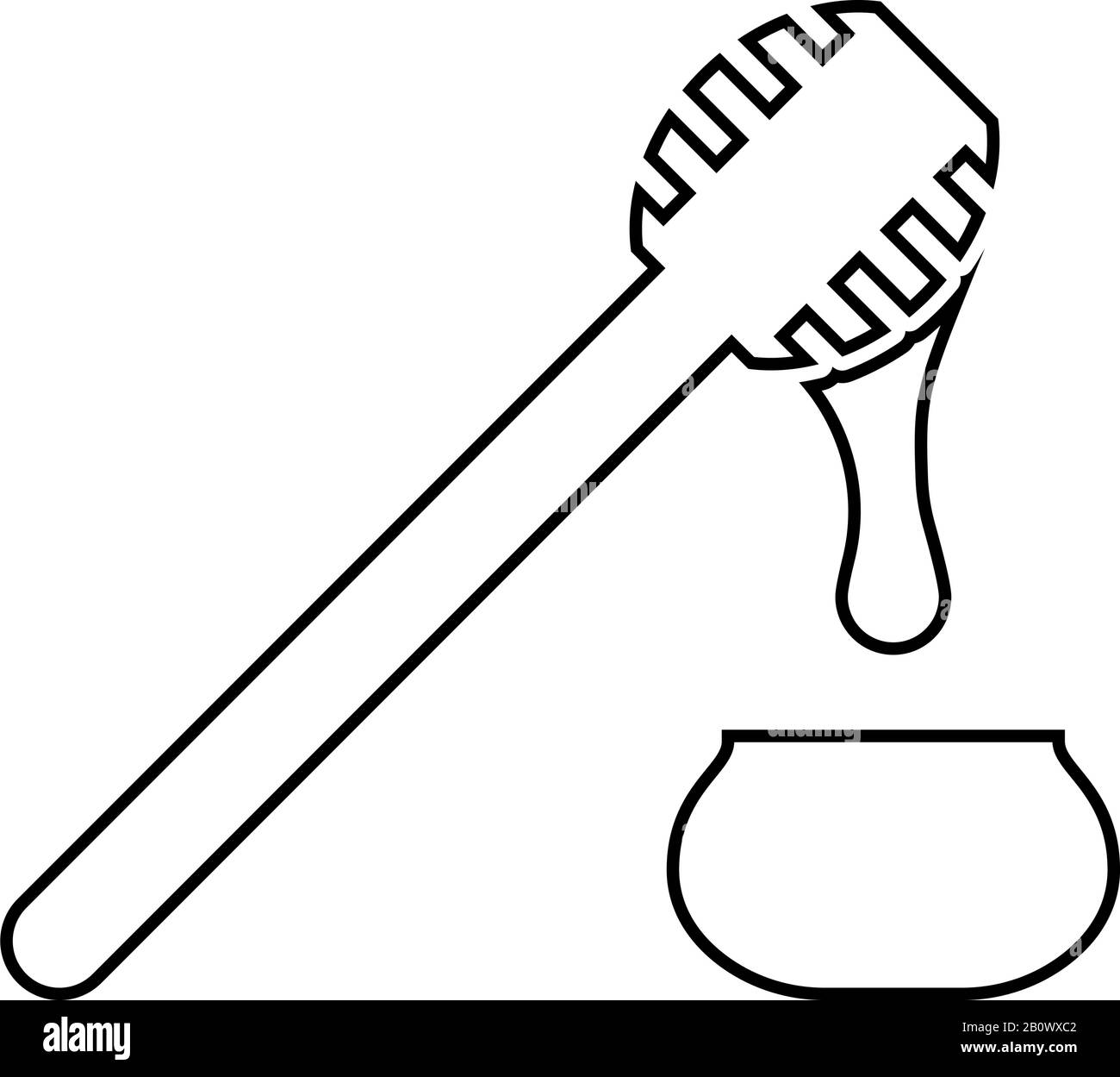Honey drips from honey spoon into pot Stick with wooden and jar liquid ...