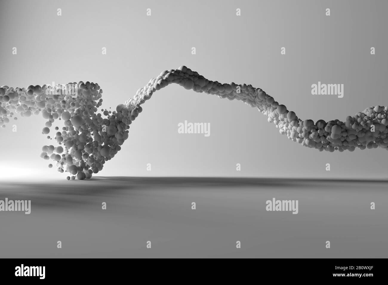 Abstract stream of white matte spherical particles moving in the space ...