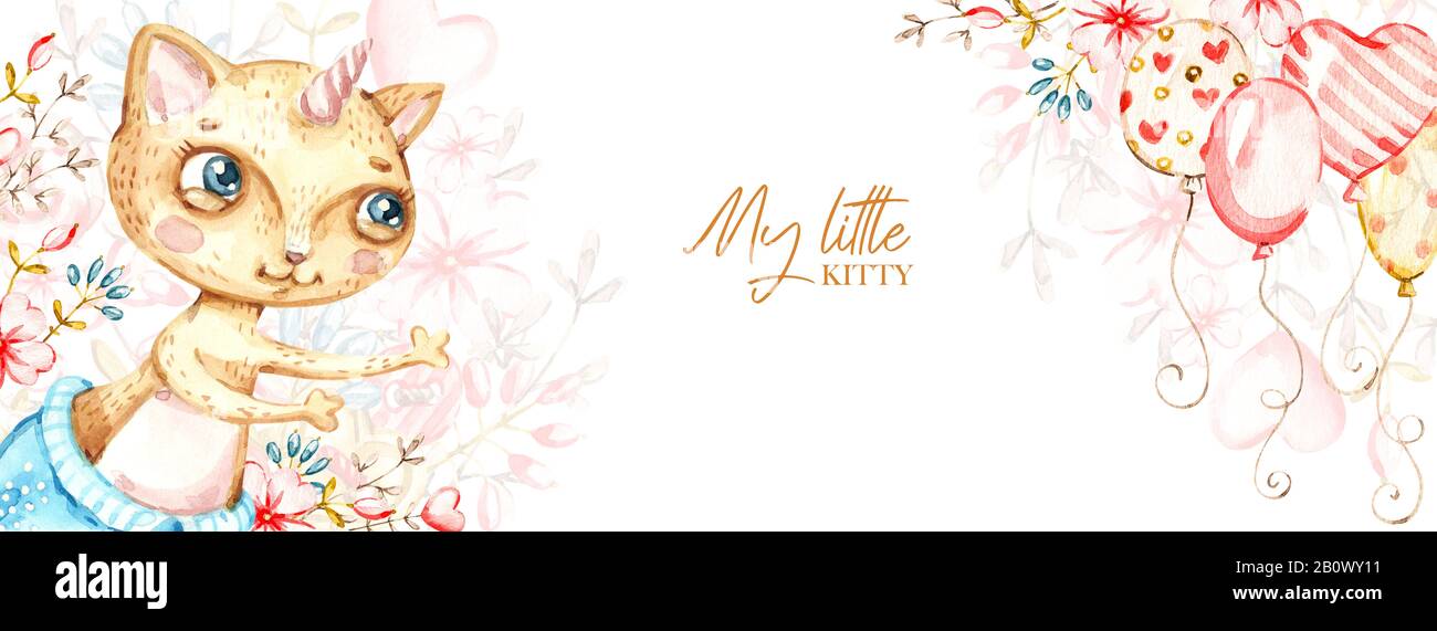 Watercolor concept Adorable cartoon portrait cute baby girl cat unicorn ...