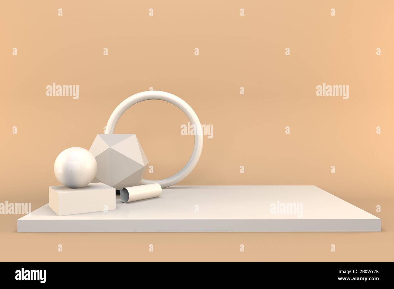 3d render shelf with abstract geometric shapes on a beige background ...