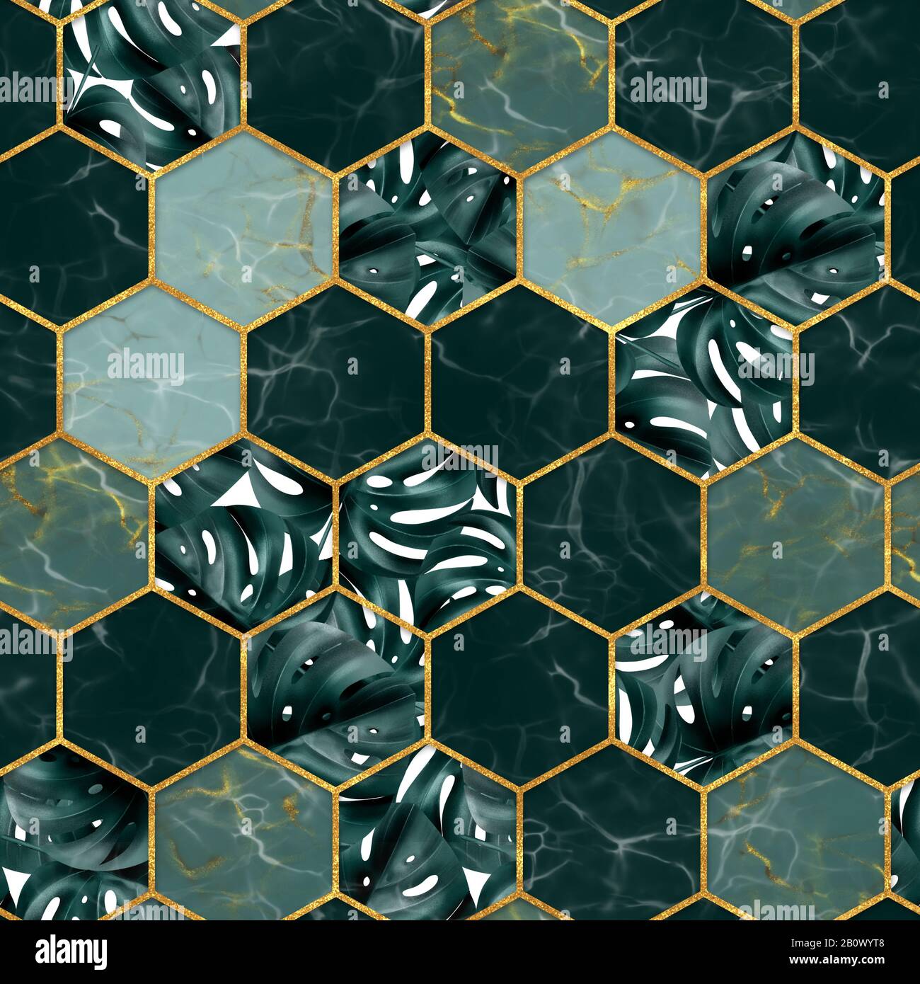 Marble hexagon seamless pattern with tropical leaves Stock Photo - Alamy