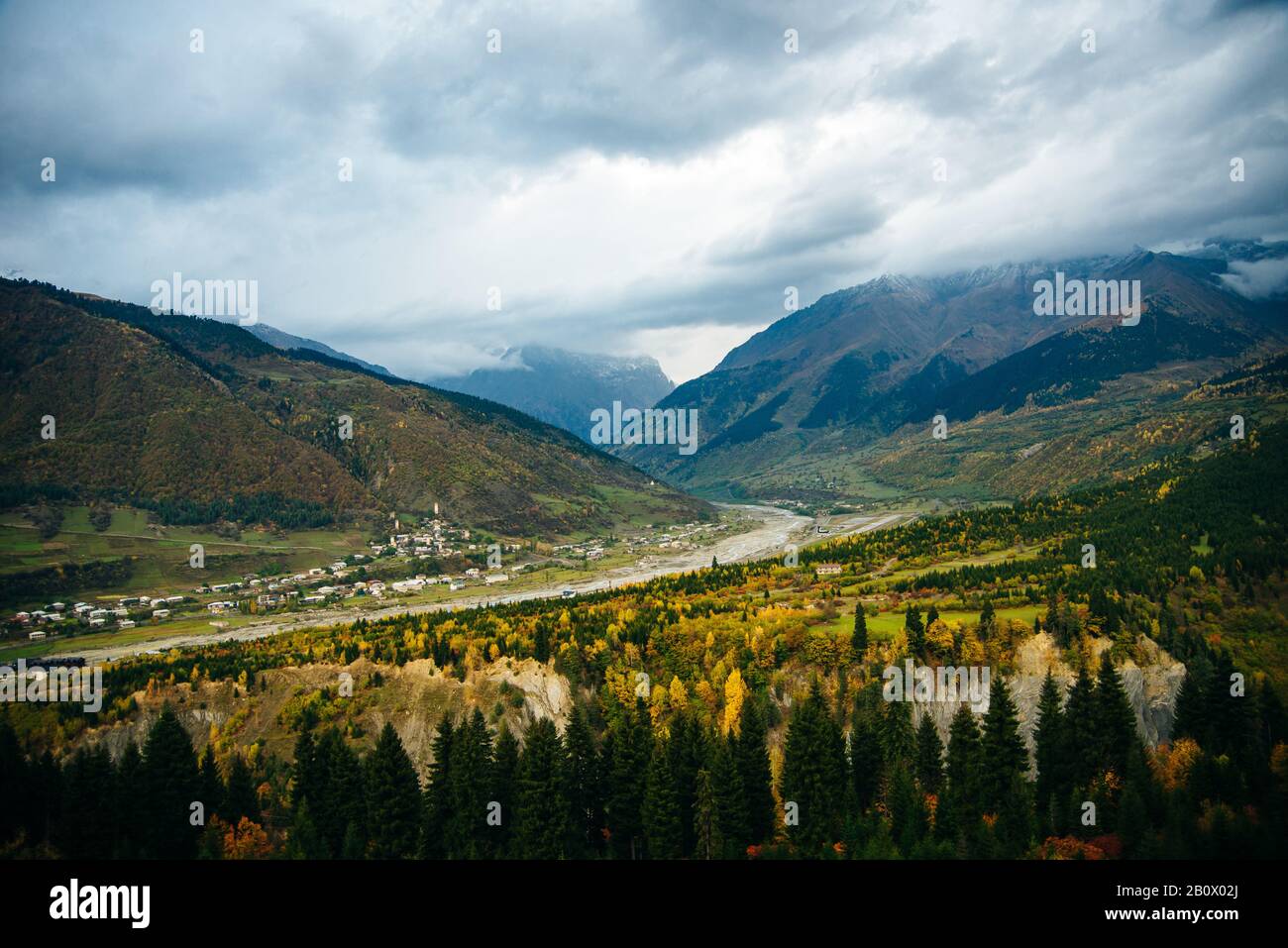 Nice view on Mestia - capital of Svaneti region, Georgia Stock Photo ...
