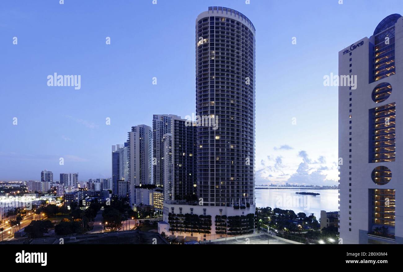 Opera Tower and view to Miami Beach at sunrise, modern architecture ...