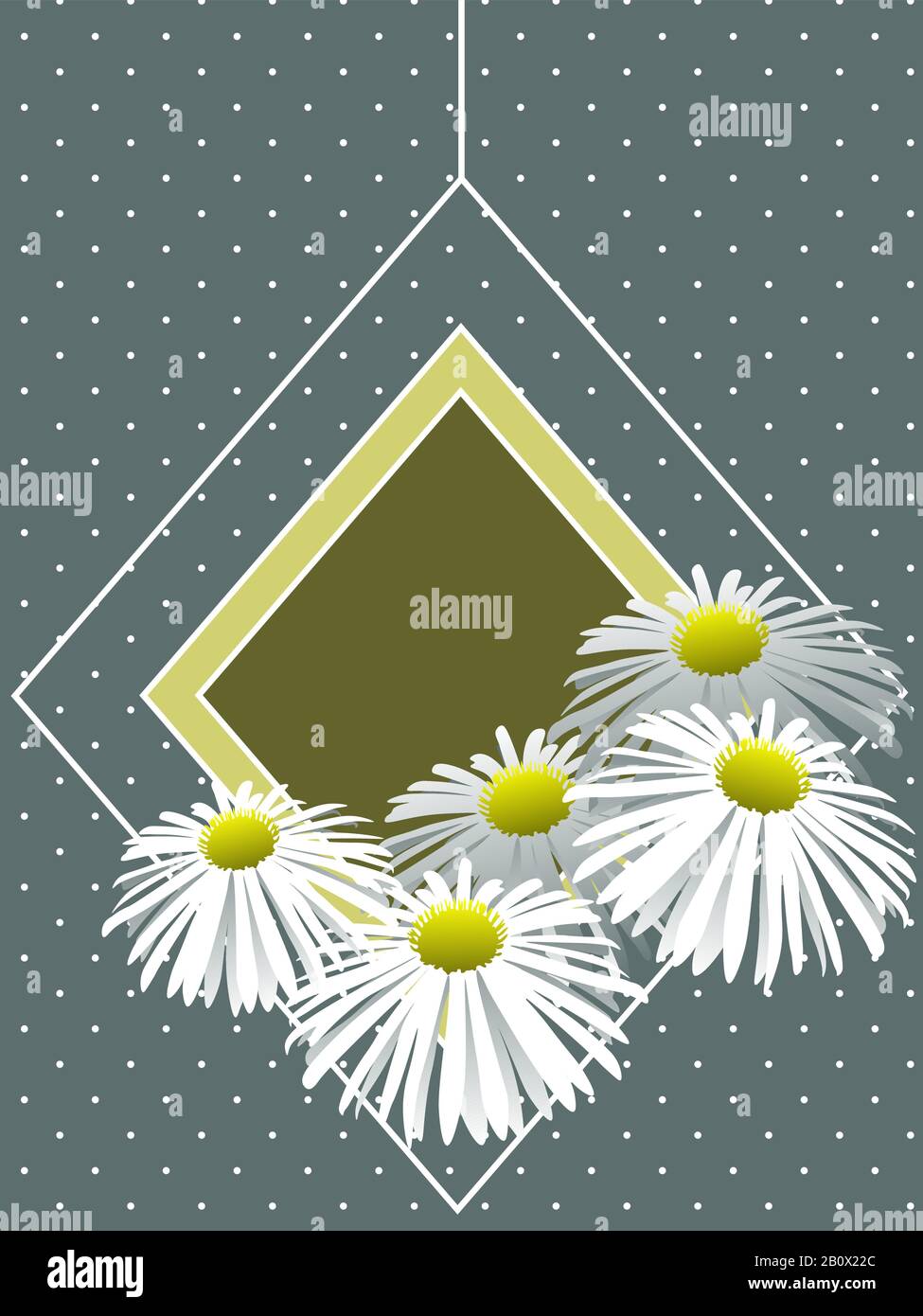 Modest and cute greeting card template with chamomiles on blue dotted ...