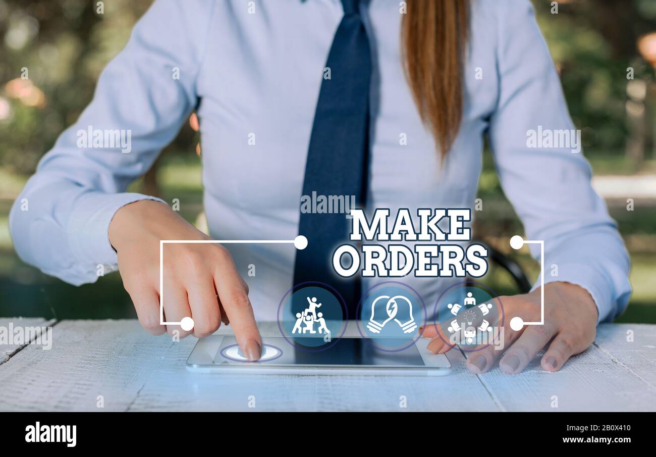 Text sign showing Make Orders. Business photo text A confirmed request ...