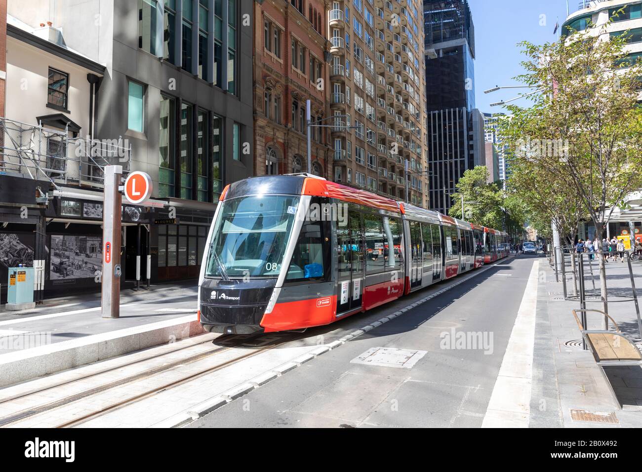Sydney light rail tram in the city centre carrying passengers around ...