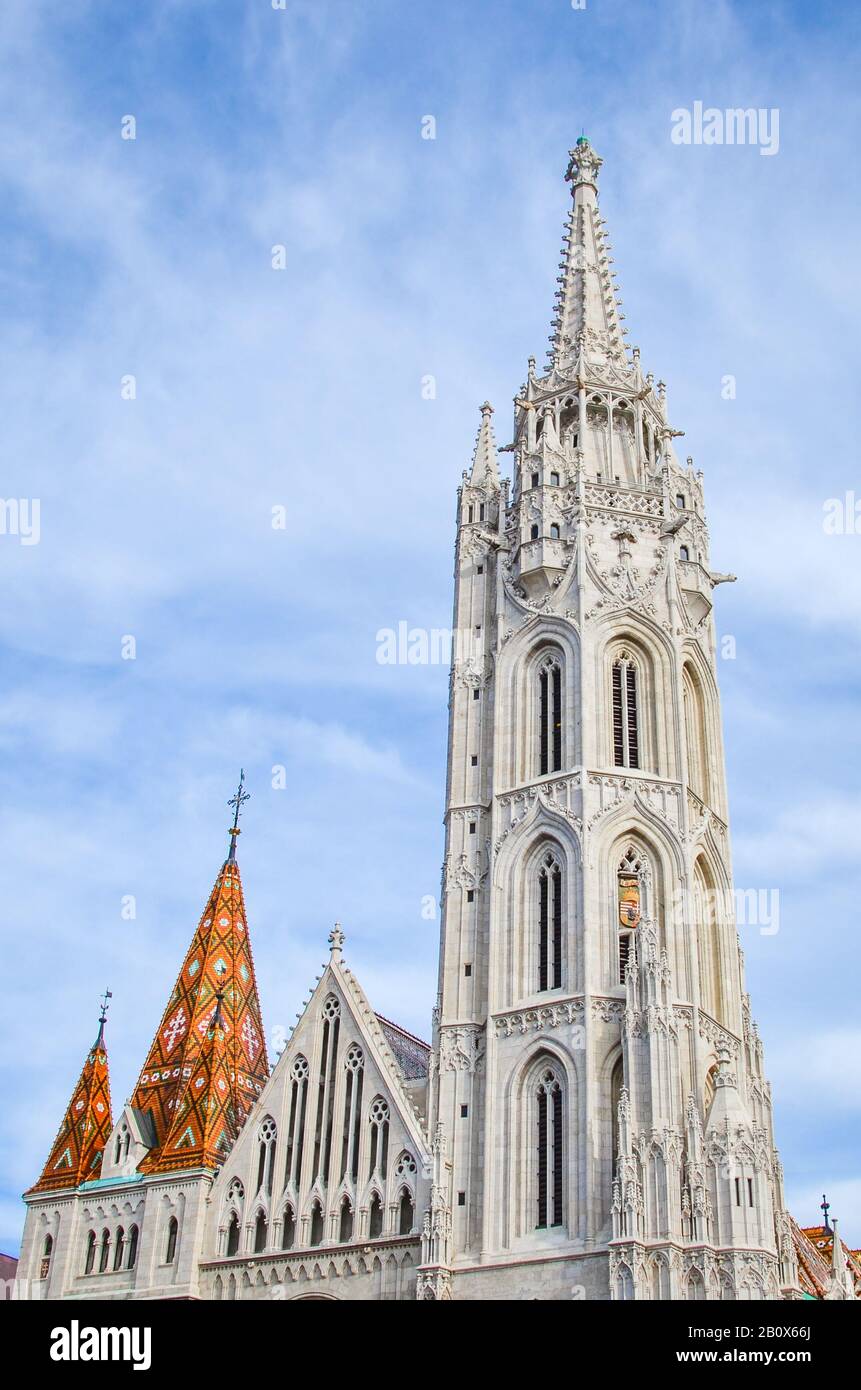 The spire of the famous Matthias Church in Budapest, Hungary. Roman ...