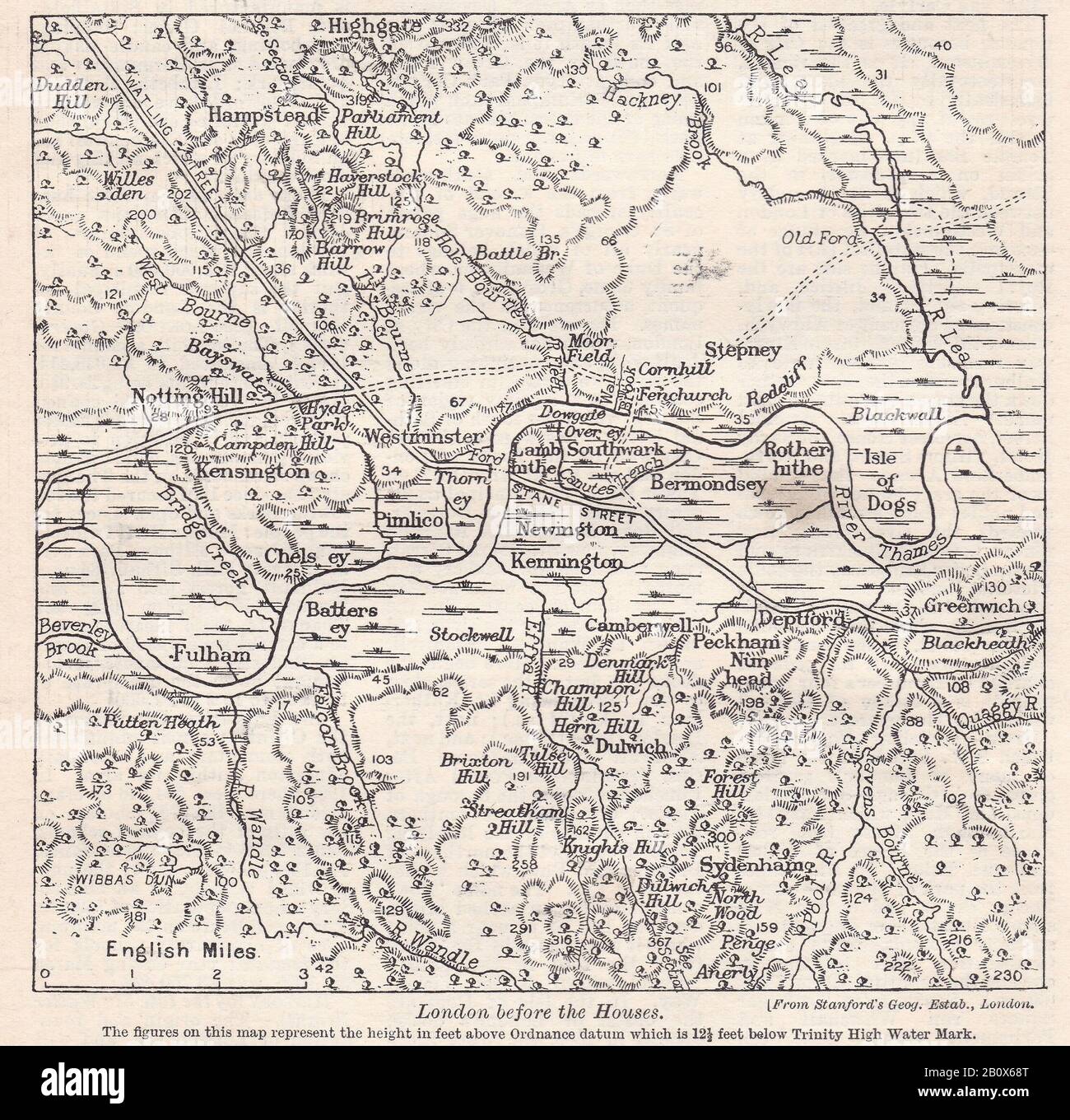 Vintage map of London before houses - map representing height in feet ...