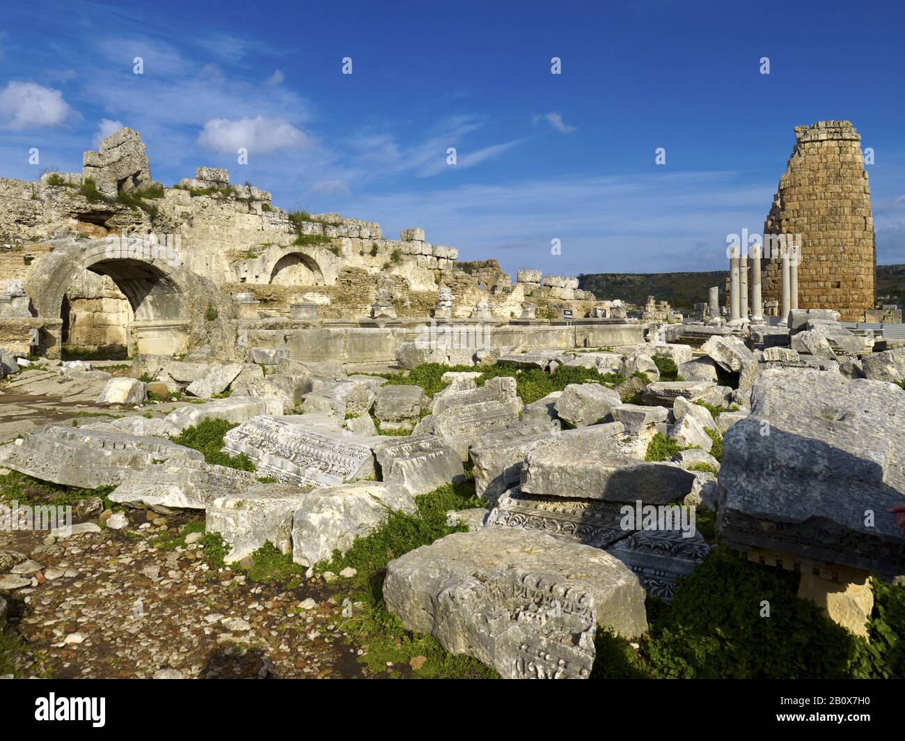 Nymphaeum and Hellenistic city gate of the ancient city of Perge near ...