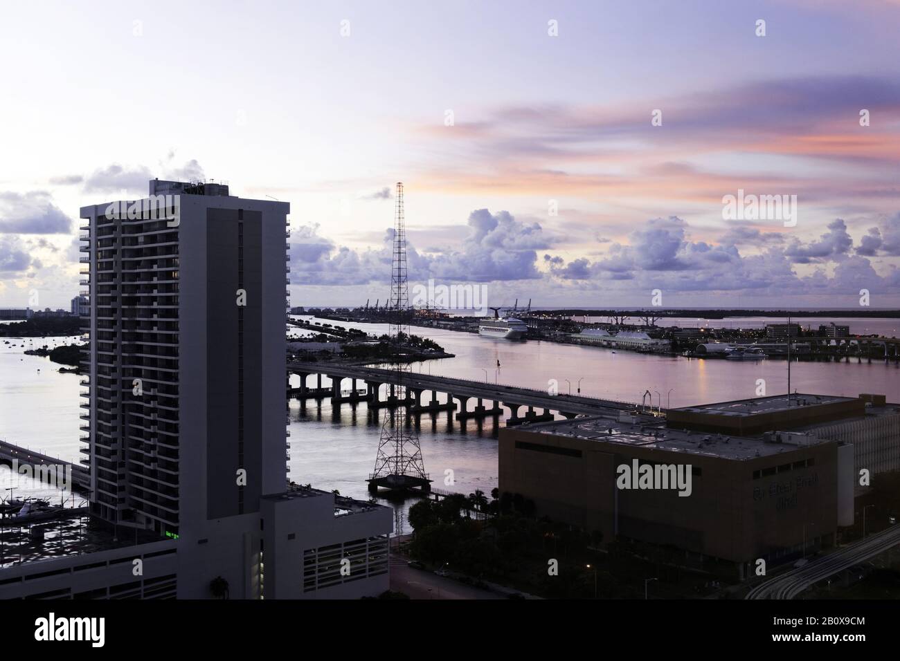 Dodge Island, waterfront with cruise terminals at sunrise, Miami ...