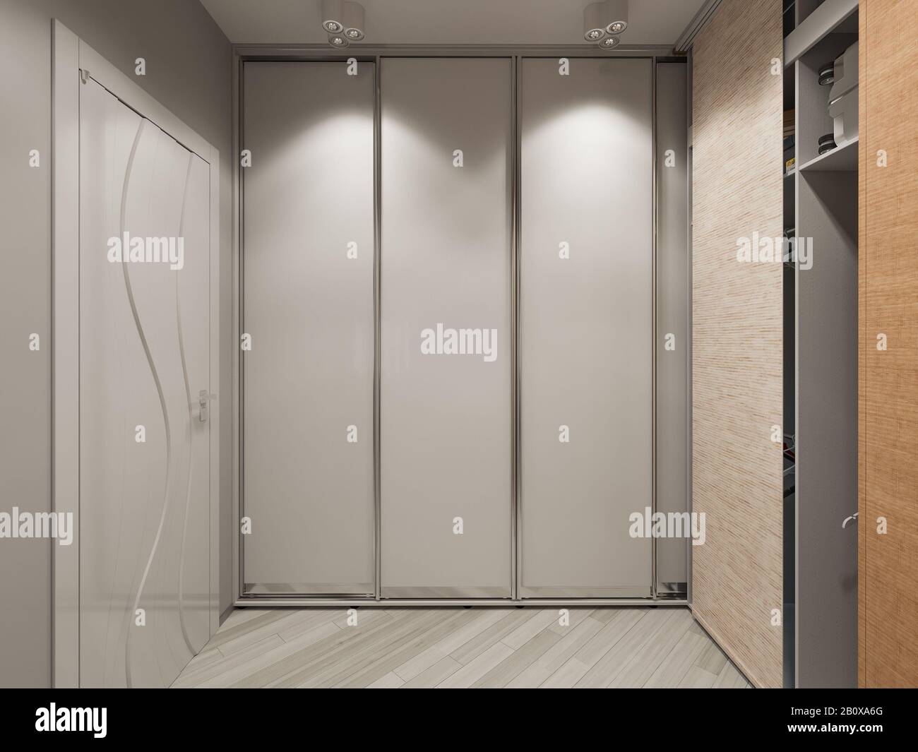 3D render of a wardrobe in the bedroom. Illustration of a bedroom ...