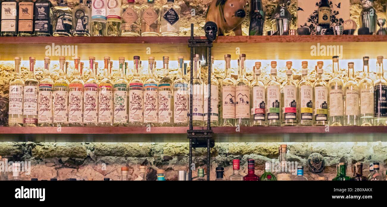 Oaxaca, Mexico - Varieties of mezcal available at Sabina Sabe, a ...