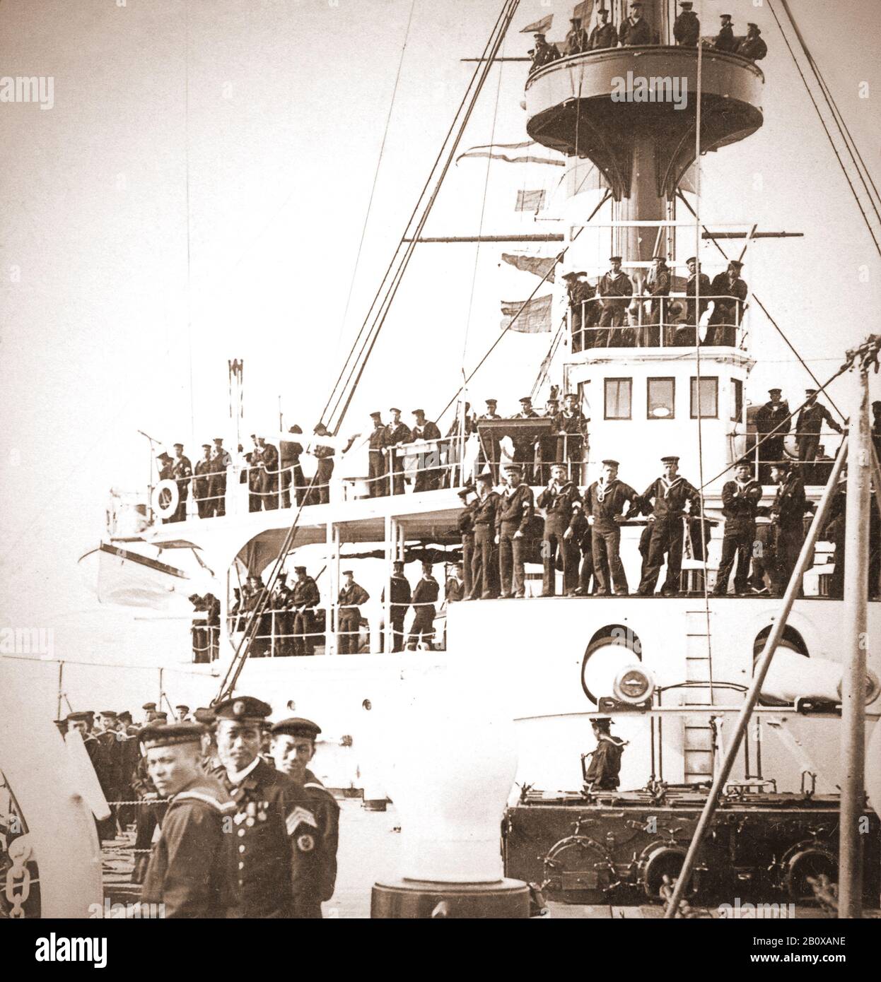 Japanese sailors on board the armoured cruiser Asama, which took part ...