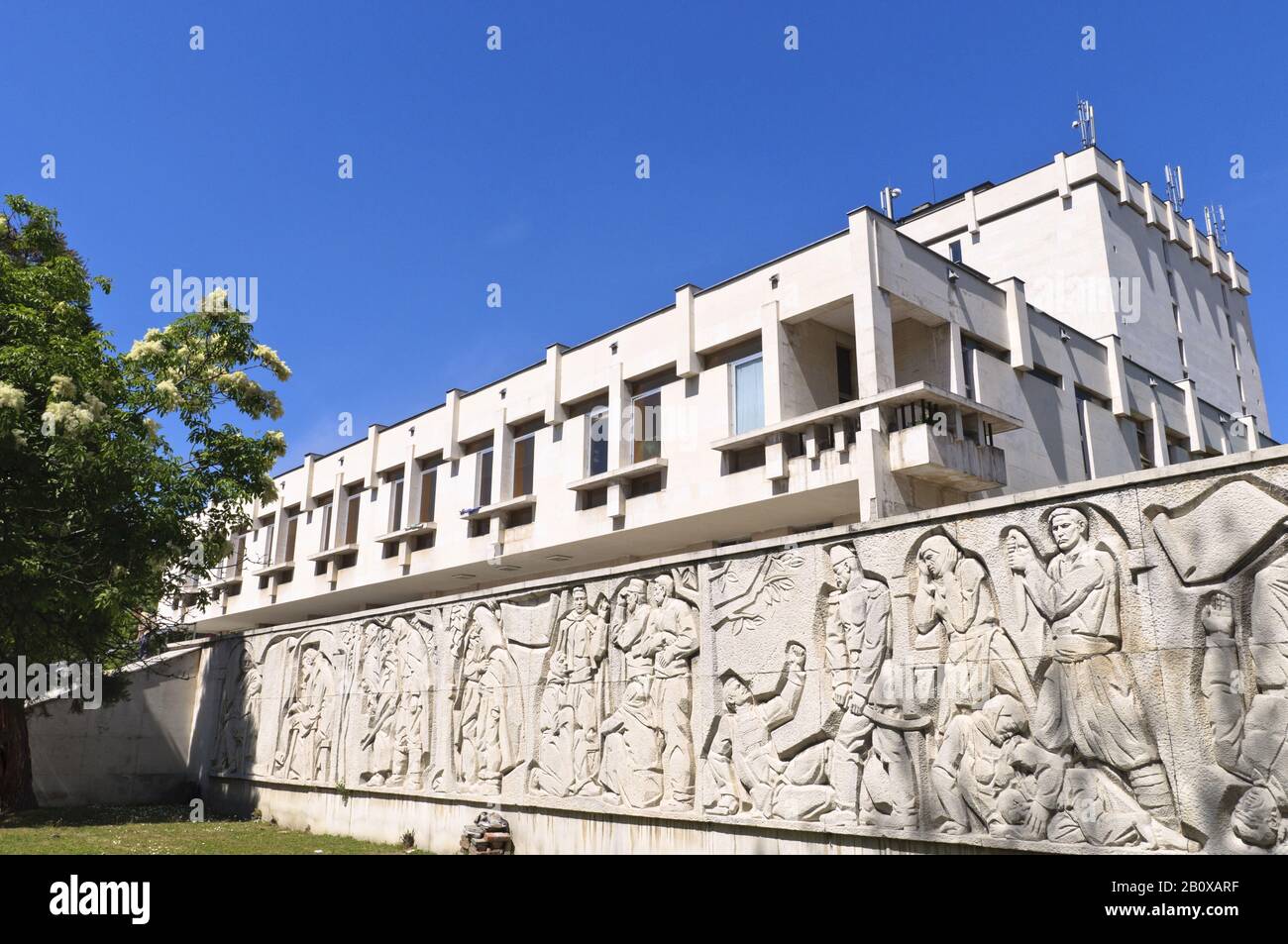 Communist style building with wall relief, Plovdiv, Bulgaria, Balkans ...