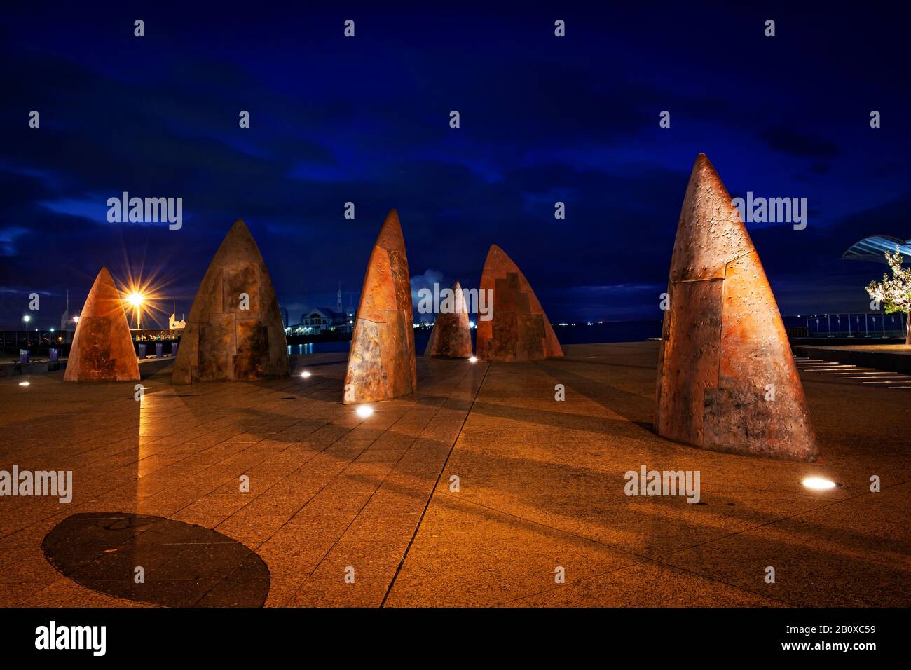 Geelong waterfront twilight, featuring concrete fin or sail like ...