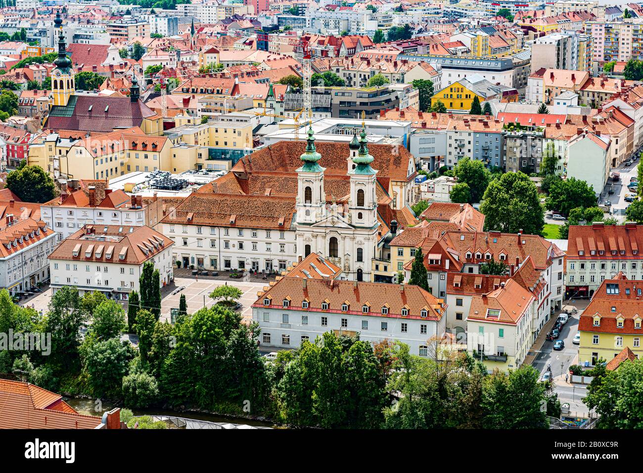 Aerial view of the old town of Graz, from the Schlossberg, in Styria ...
