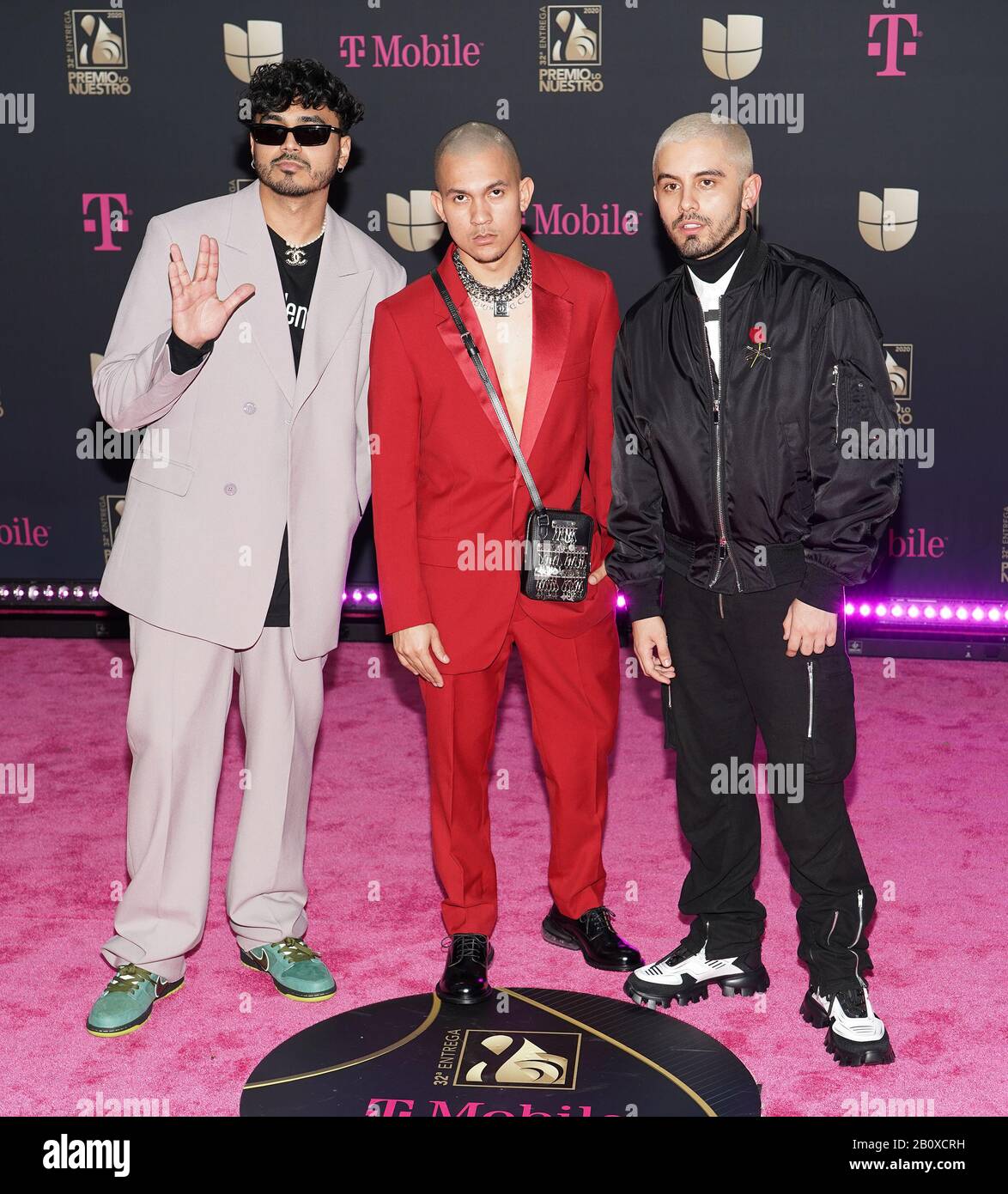 MIAMI, FLORIDA - FEBRUARY 20: Alvaro Diaz, Tainy and Dylan Fuentes ...