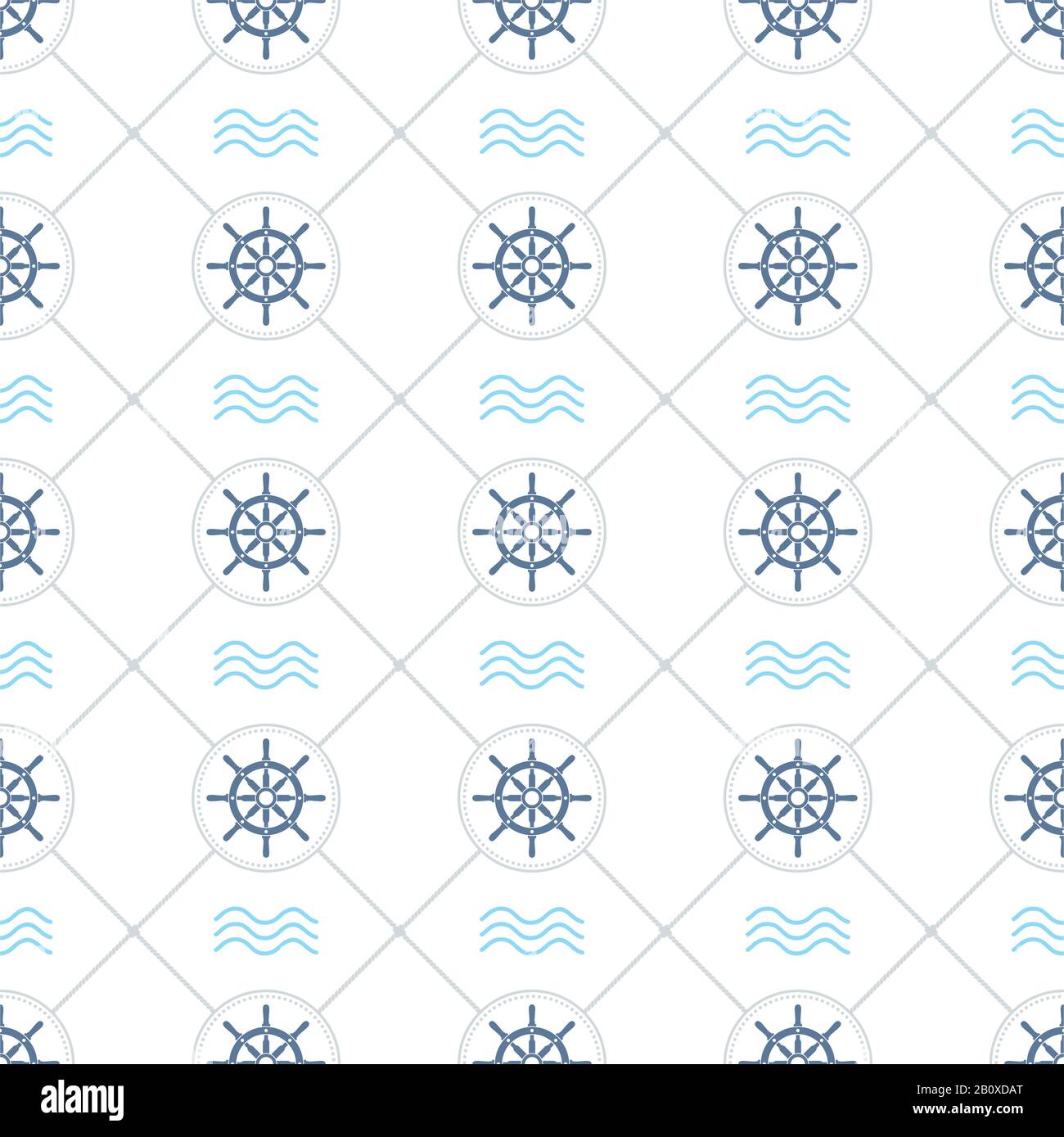 Ship helm vector seamless pattern. Helm, steering wheel, ropes, waves ...