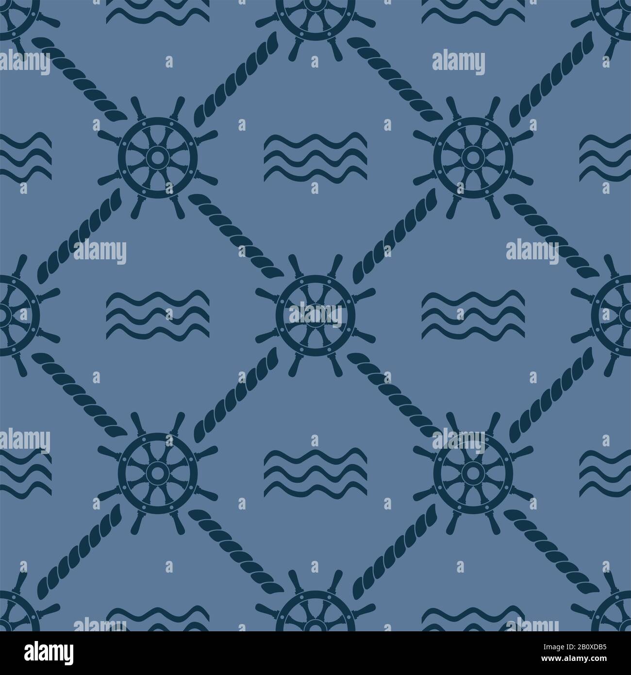 Ship helm vector seamless pattern. Helm, steering wheel, ropes, waves ...
