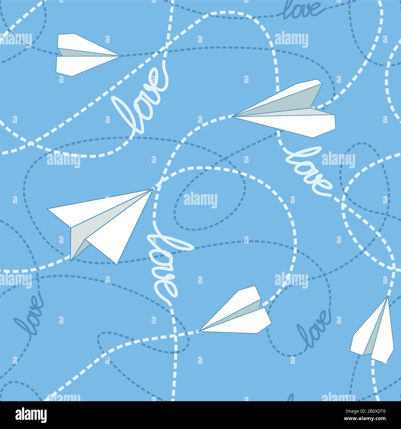 Paper planes flying on tangled lines seamless pattern. Repeating abstract background with paper ...
