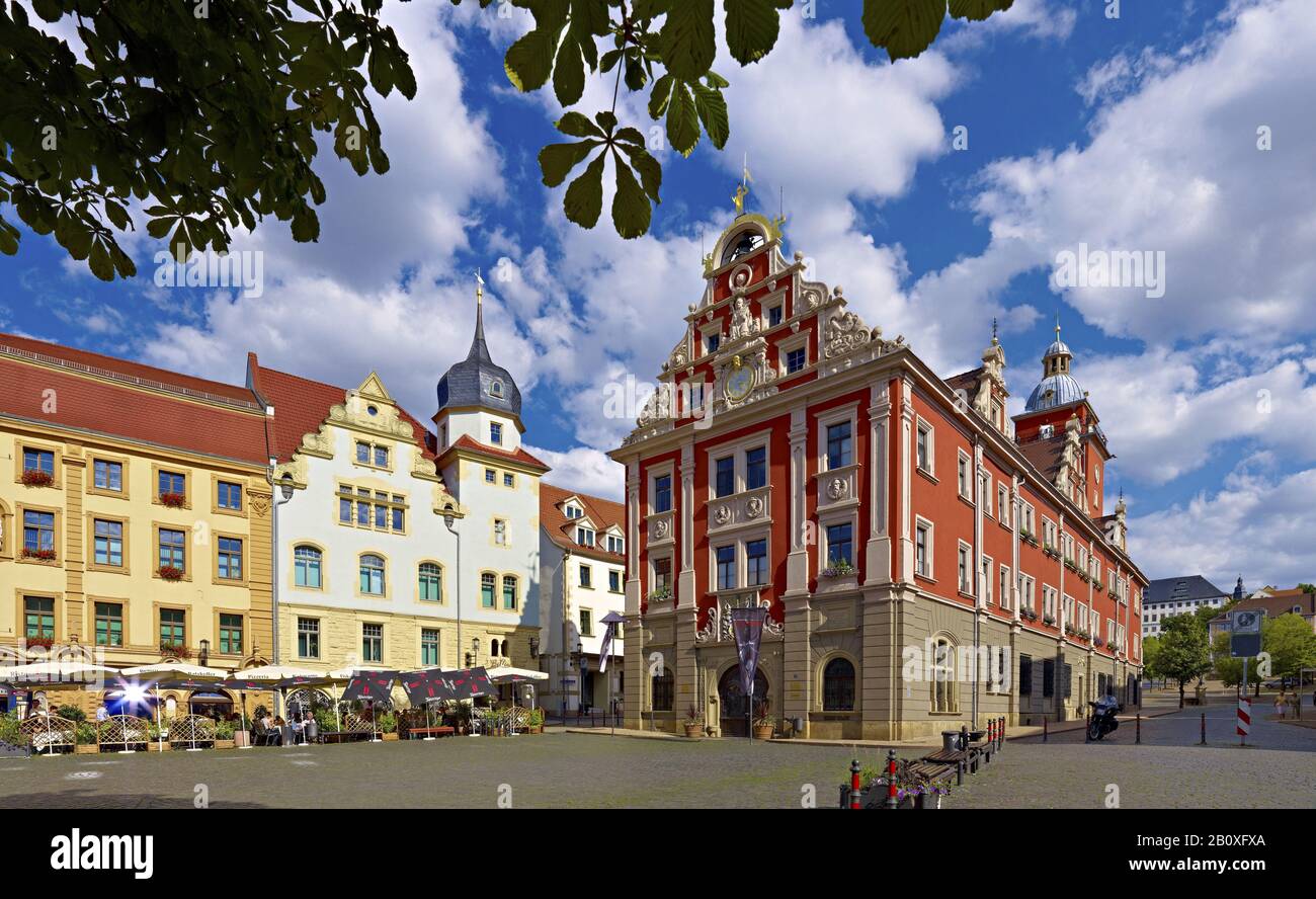Town hall on the main market with street cafe, Gotha, Thuringia ...