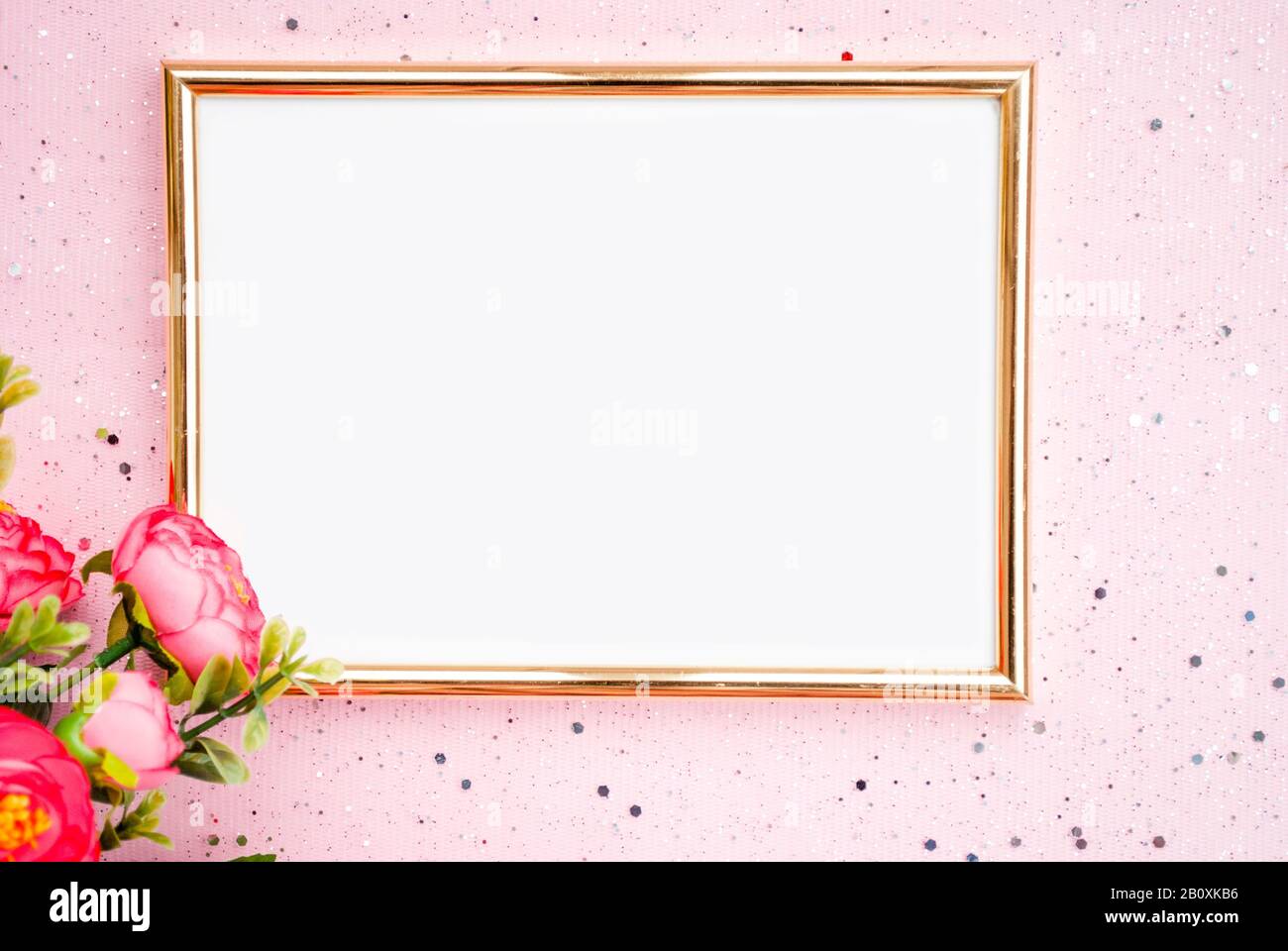 Gold frame for photography, flowers, pink background with sparkles ...