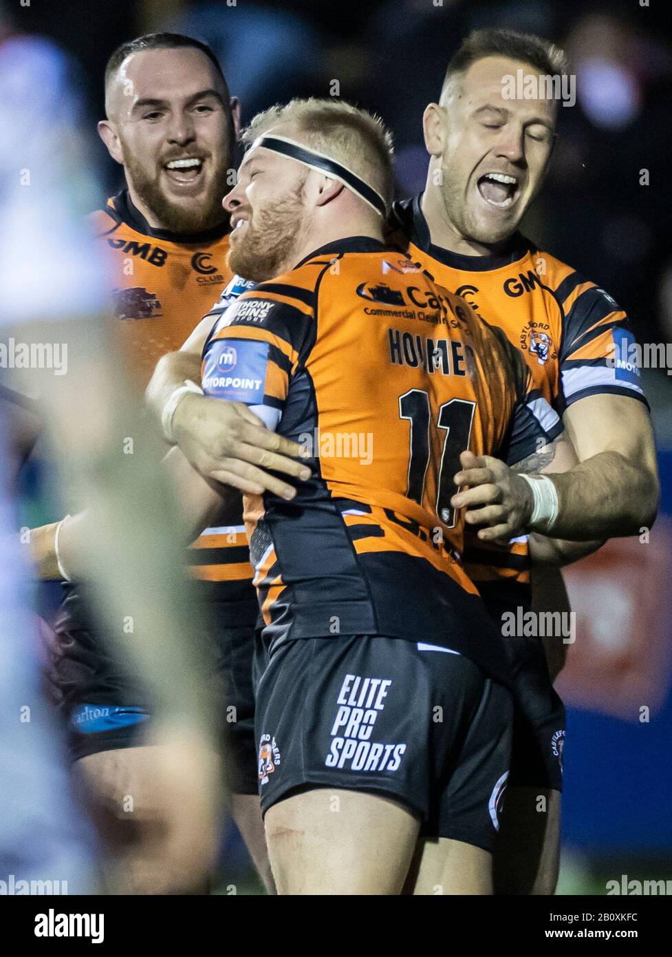 Castleford tigers oliver holmes celebrates scoring hi-res stock ...