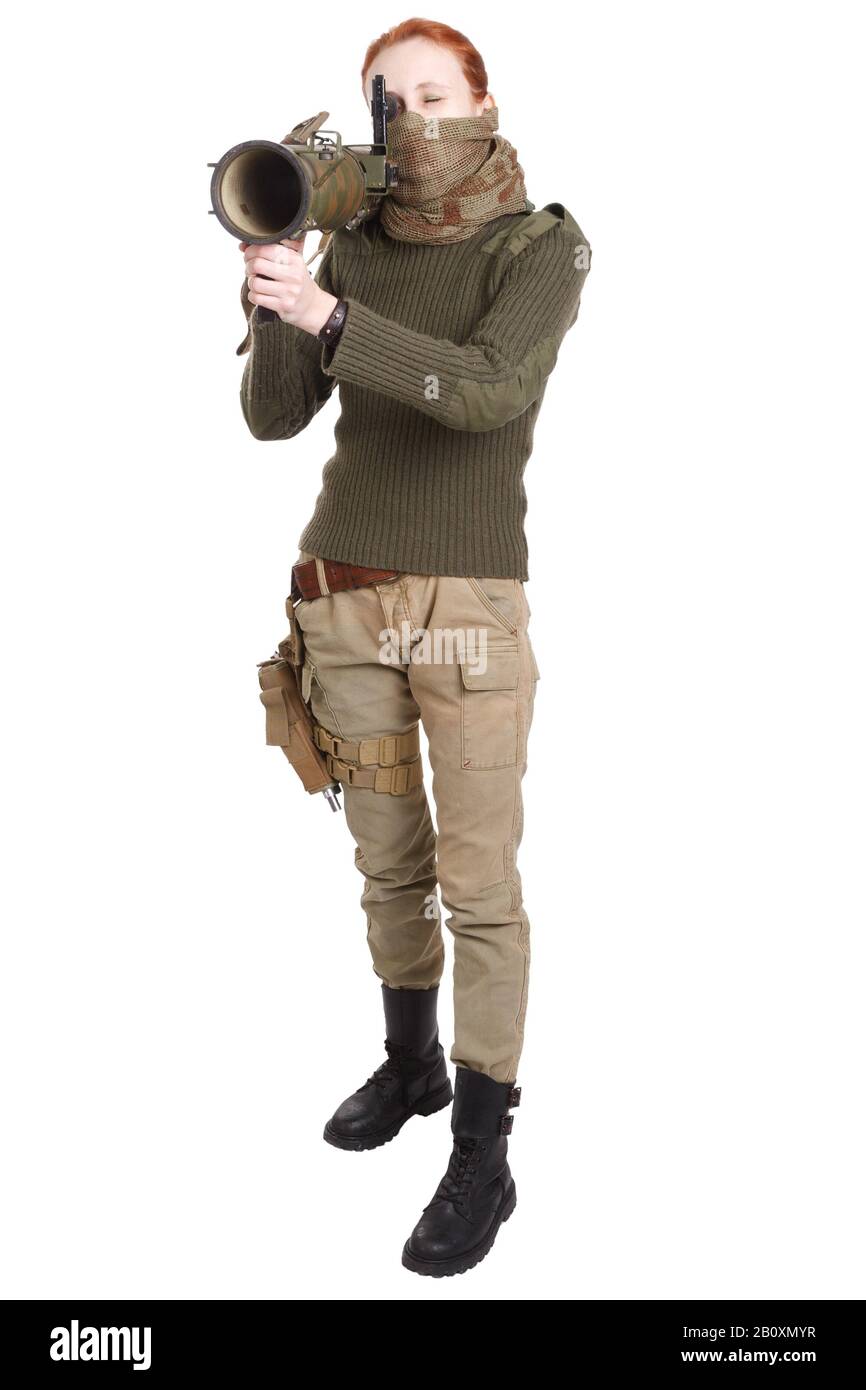 girl mercenary with RPG rocket launcher isolated on white Stock Photo ...