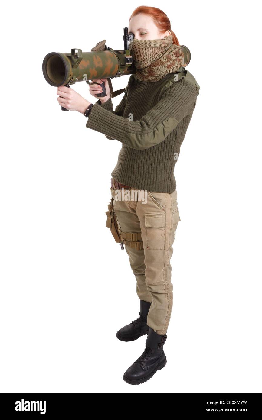 girl mercenary with RPG rocket launcher isolated on white Stock Photo ...
