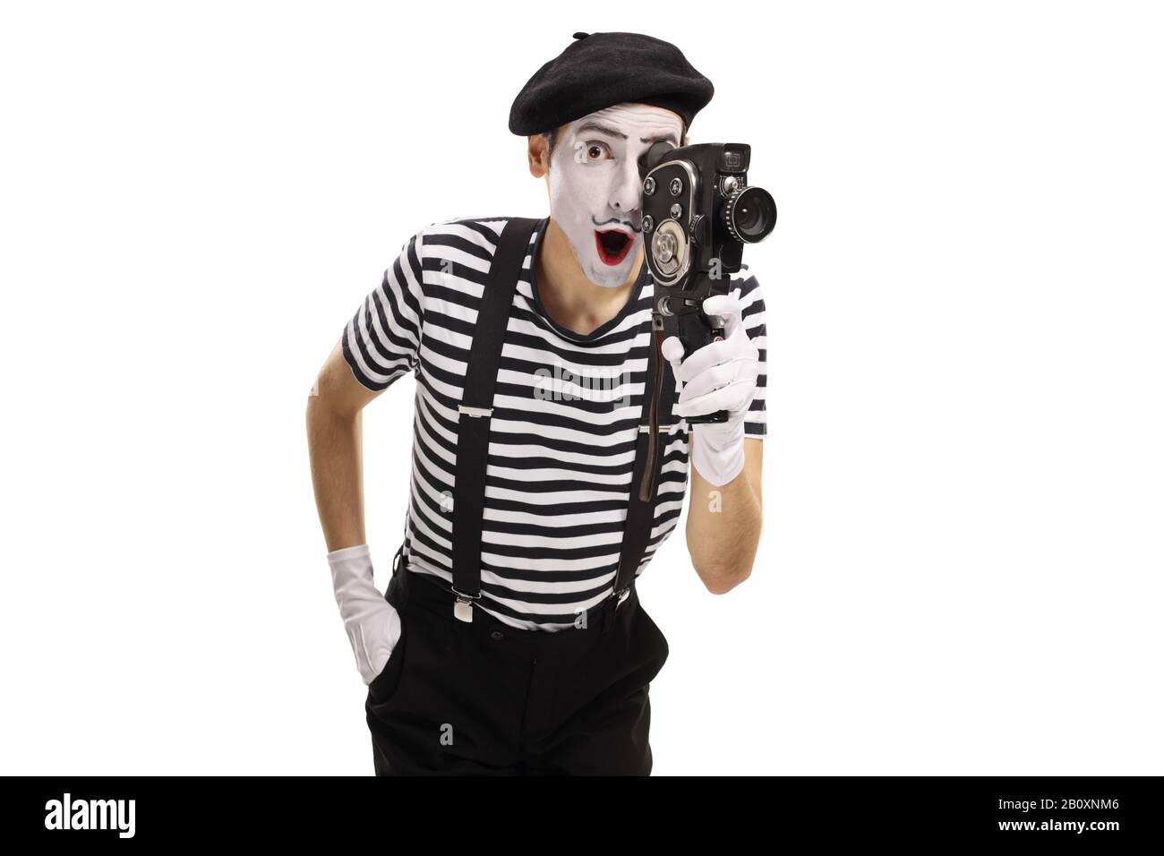 Mime recording with a vintage 8mm camera isolated on white background ...