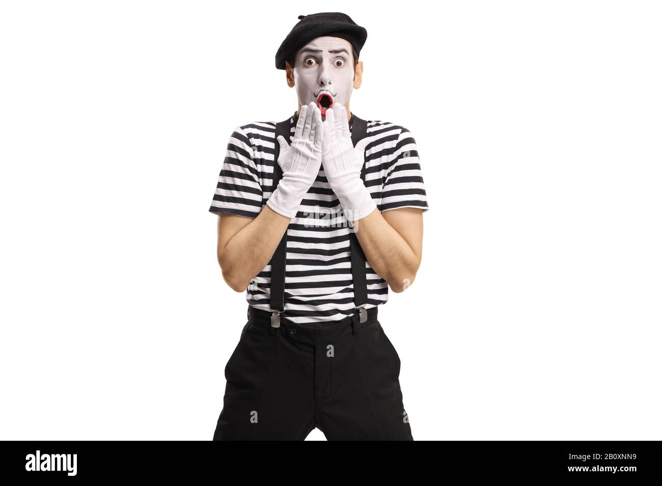 Surprised pantomime man gesturing with hands isolated on white ...