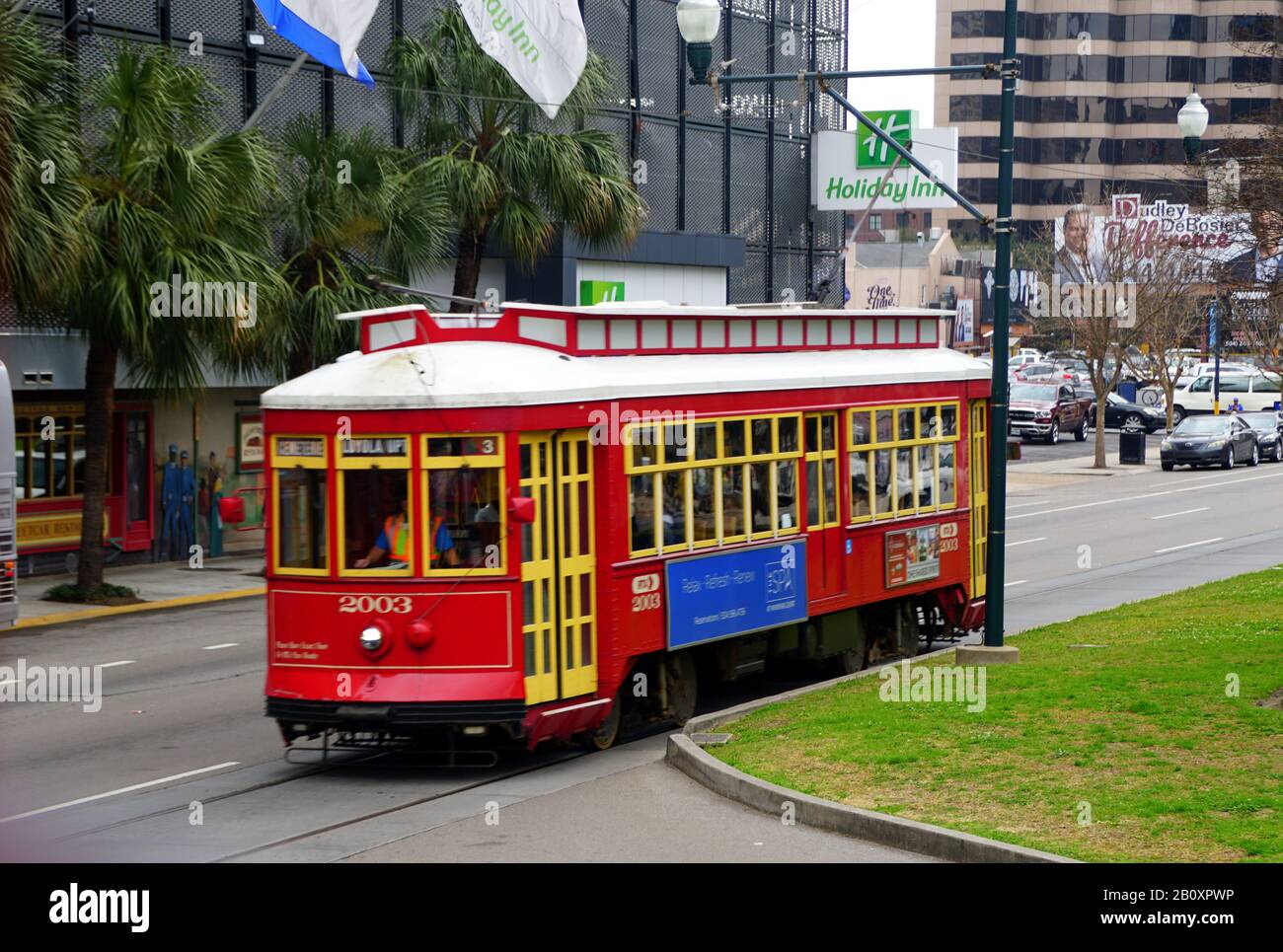 New Orleans, Louisiana, U.S.A - February 4, 2020 - The red streetcar in ...