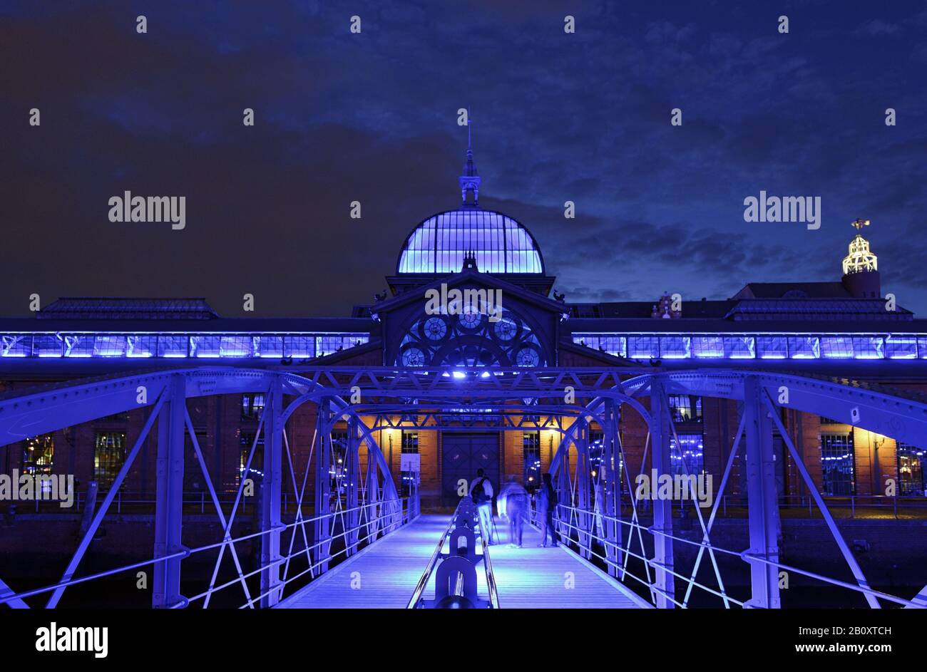 Blue Port, fish auction hall in blue neon light, art project by Michael ...