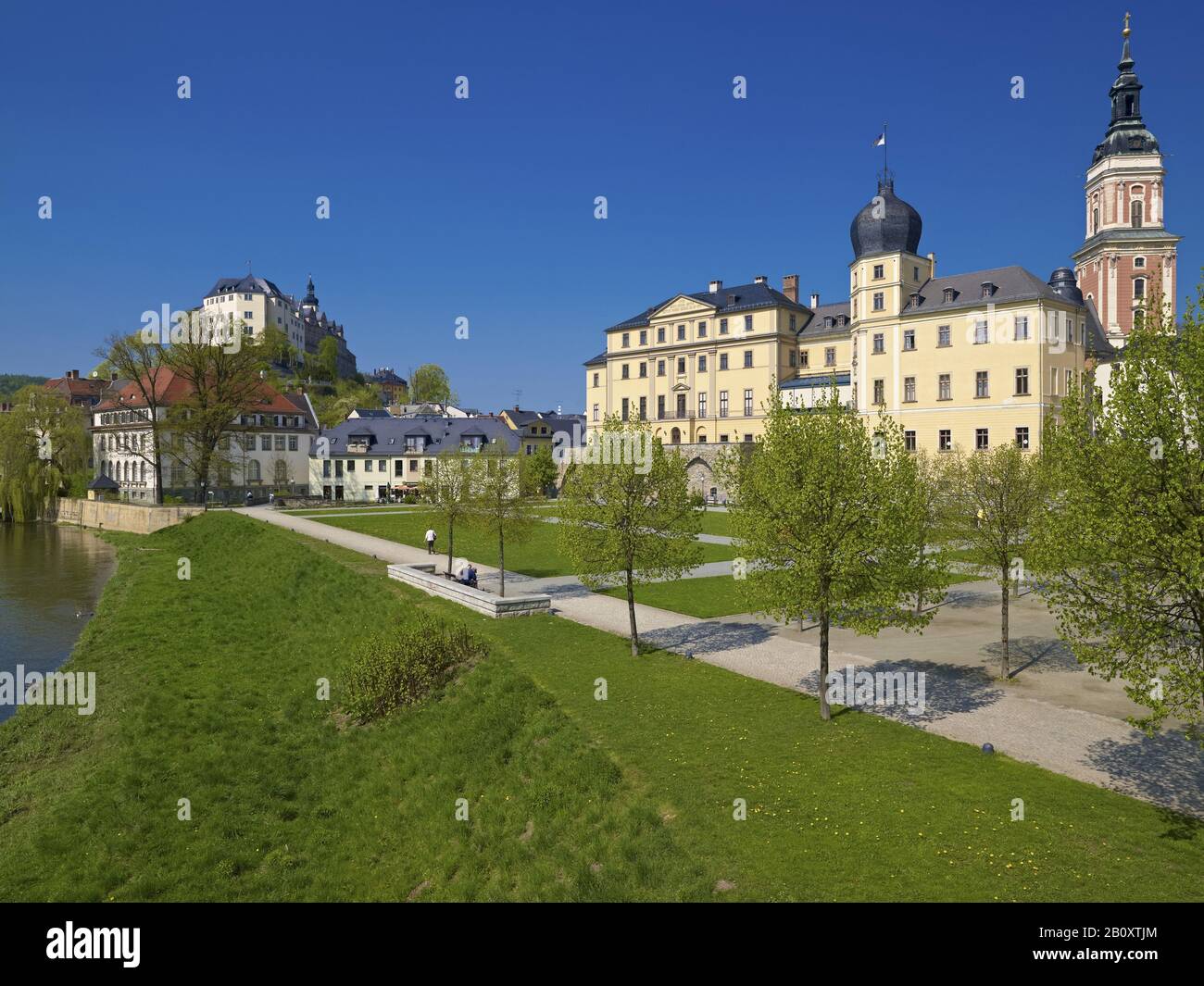 Upper and lower castle and church tower St. Maria, Greiz, Thuringia ...