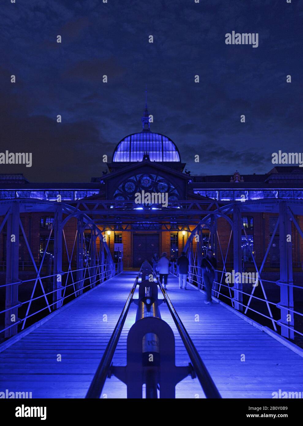 Blue Port, fish auction hall in blue neon light, art project by Michael ...