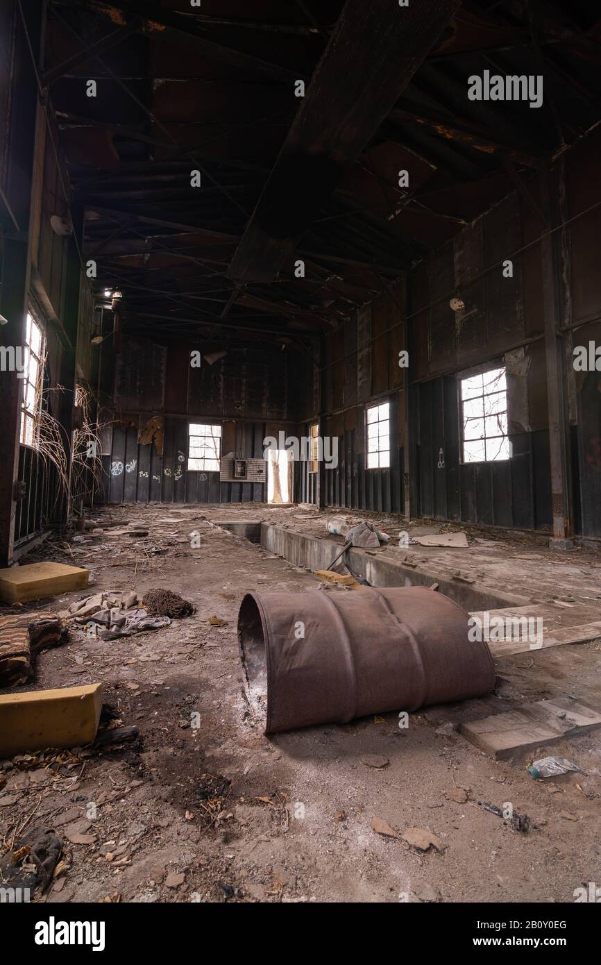 Interior of old abandoned warehouse Stock Photo - Alamy