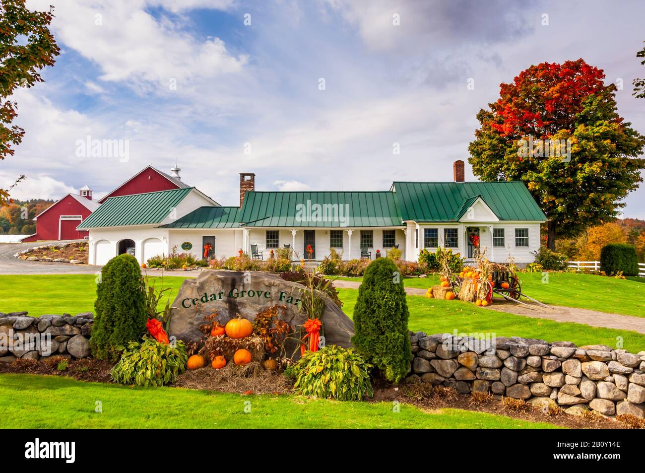 The Cedar Grove Farm with fall foliage color near Peacham, Vermont, USA ...