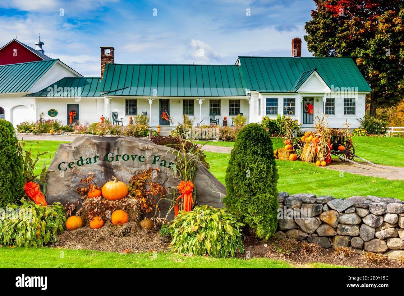 The Cedar Grove Farm with fall foliage color near Peacham, Vermont, USA ...