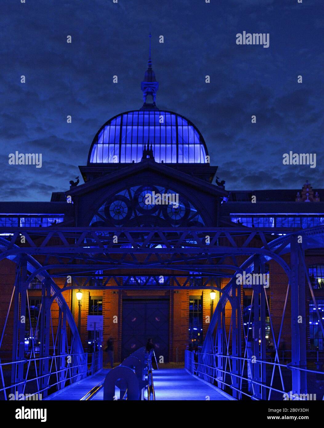 Blue Port, fish auction hall in blue neon light, art project by Michael ...