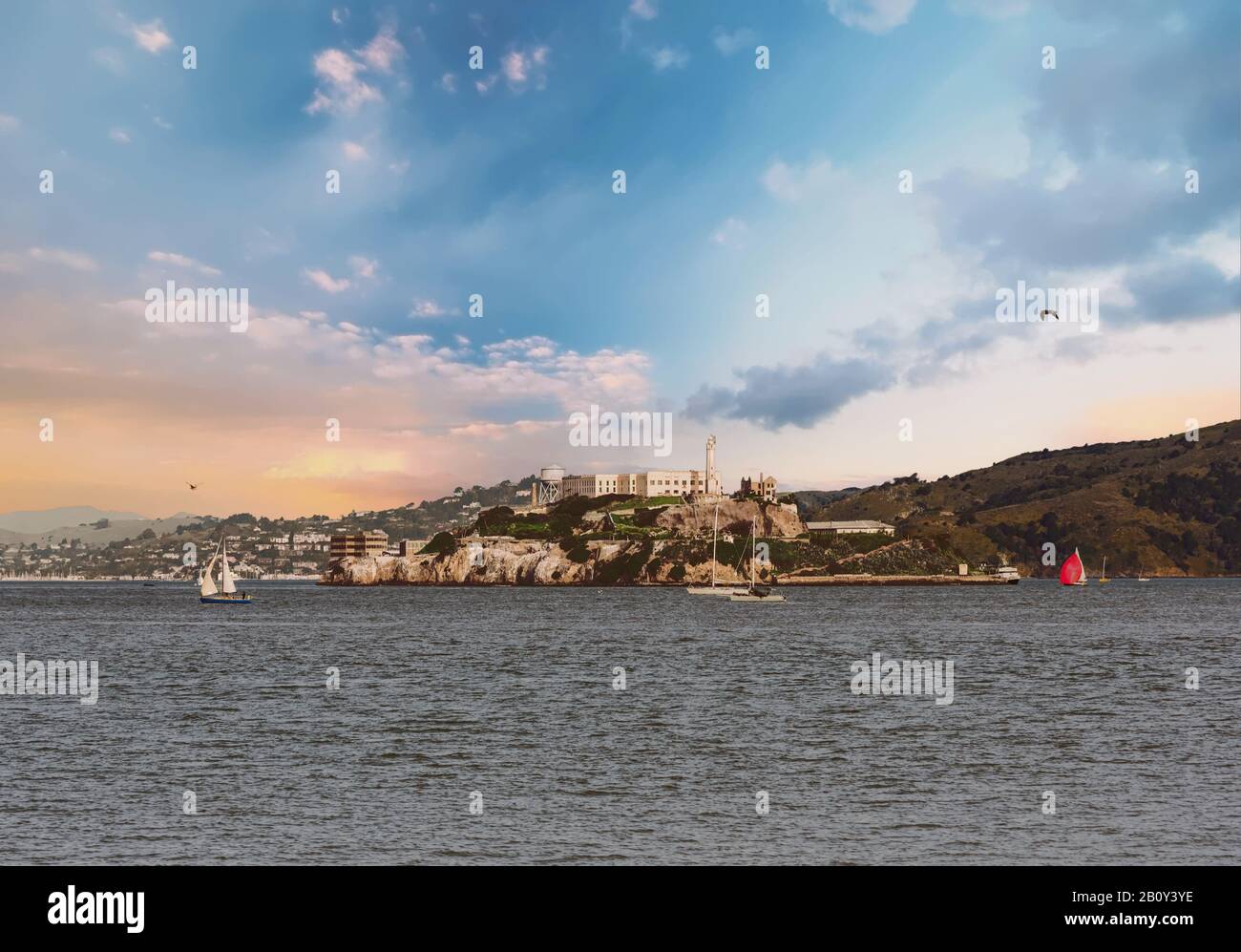 Scenic view of the famous federal prison of Alcatraz at sunrise Stock ...