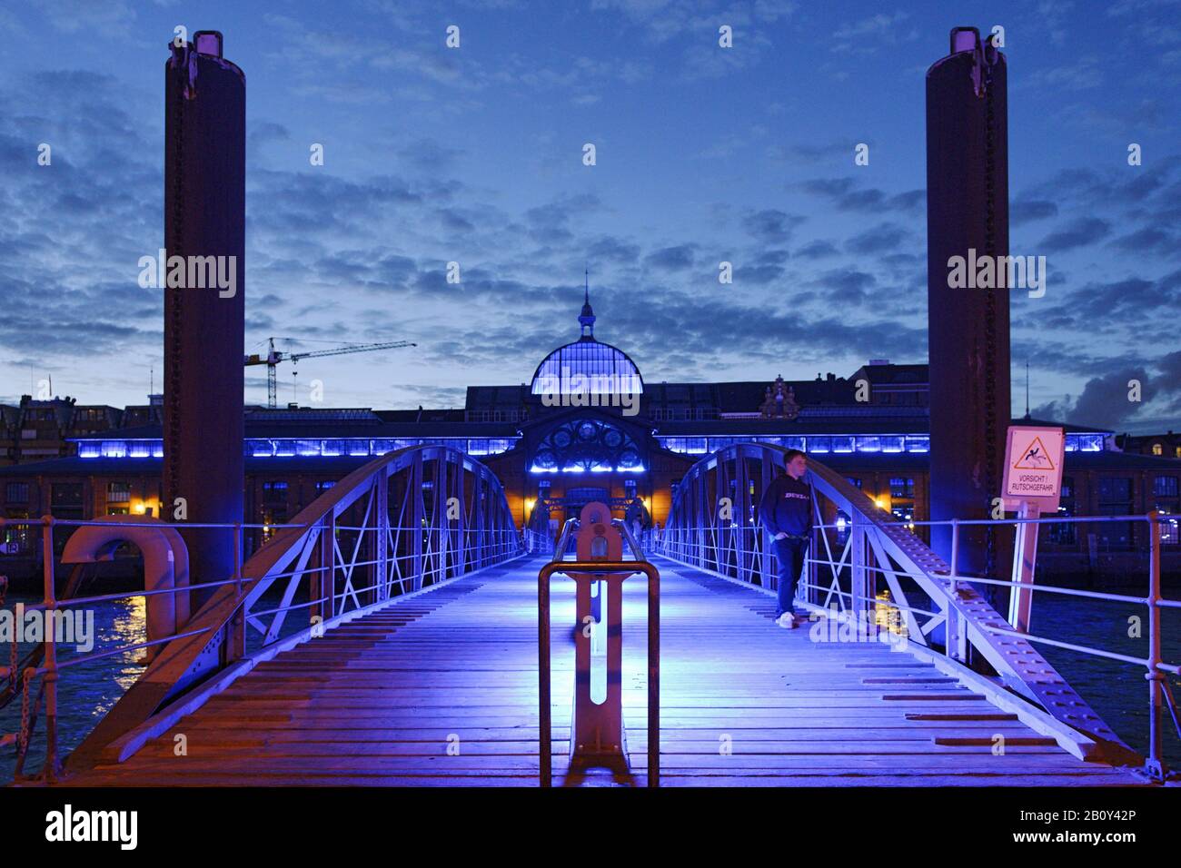 Blue Port, fish auction hall in blue neon light, art project by Michael ...