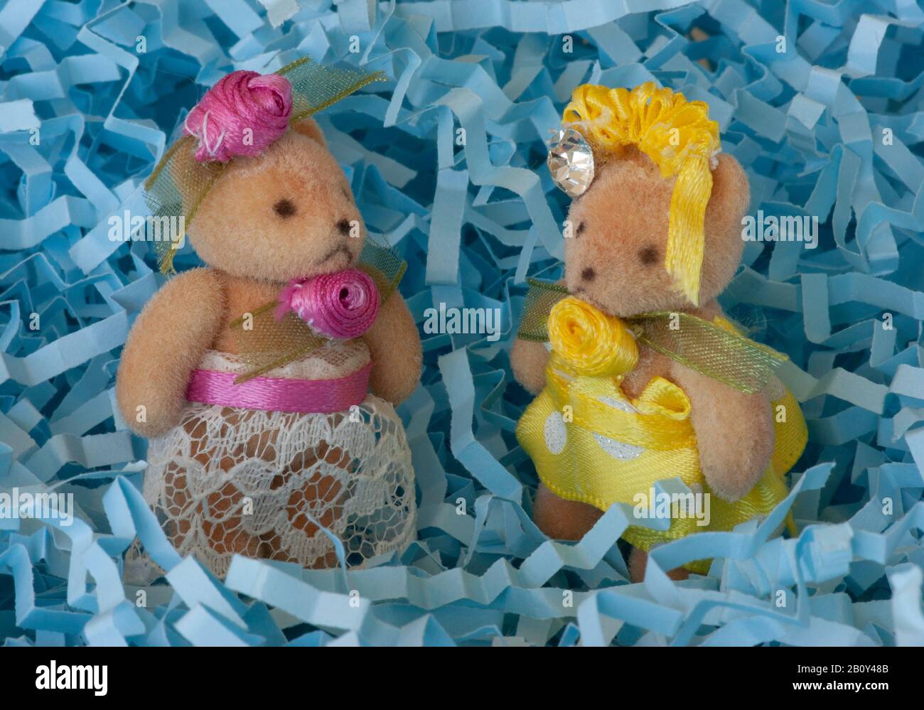Two miniature bears in party cloths. Hats, jewels, dresses, ribbons ...