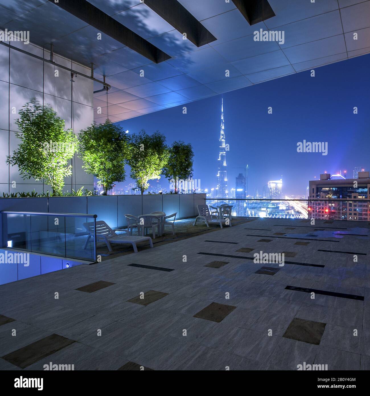 View of Burj Khalifa from the pool on the roof terrace of a residential ...