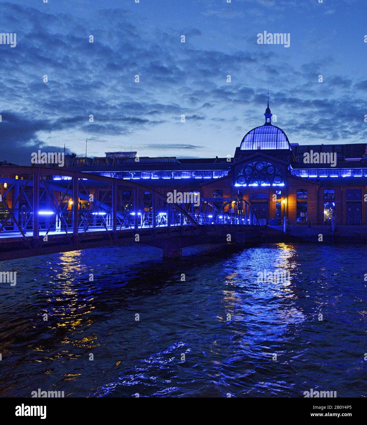 Blue Port, fish auction hall in blue neon light, art project by Michael ...