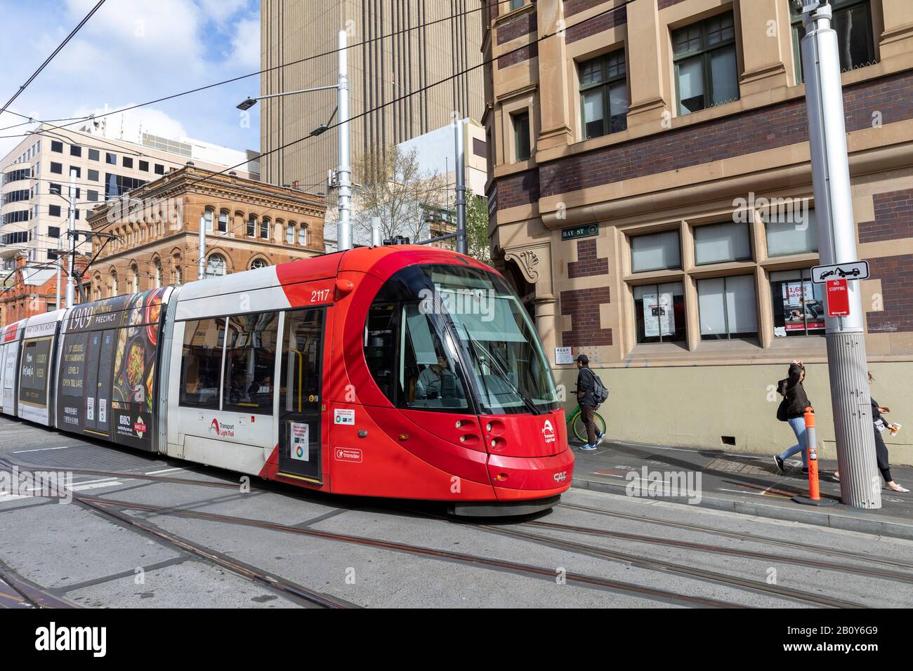 Sydney light rail tram in the city centre carrying passengers around ...
