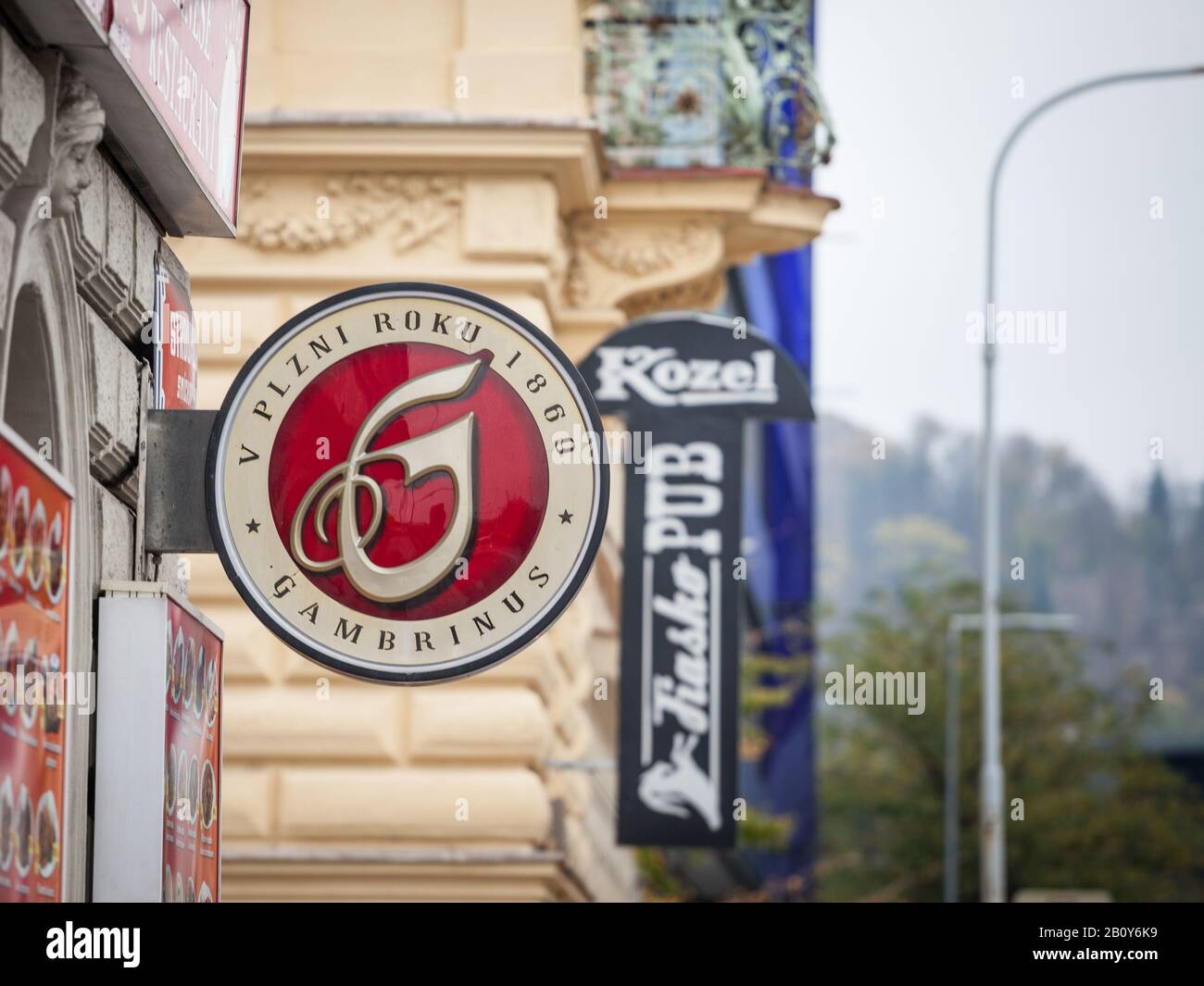 PRAGUE, CZECHIA - NOVEMBER 3, 2019: Gambrinus logo in front of a local ...
