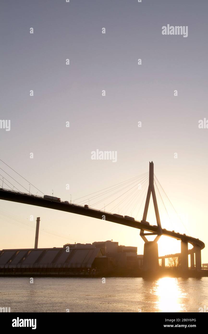 Koehlbrand Bridge at sunset, Port of Hamburg, Hamburg, Germany, Europe ...