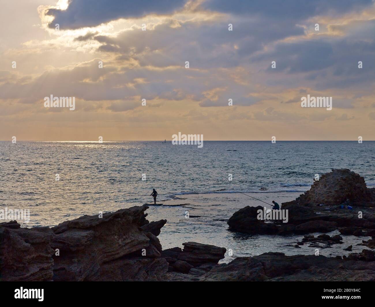 Mediterranean coast at the Roman archaeological site in Caesarea ...